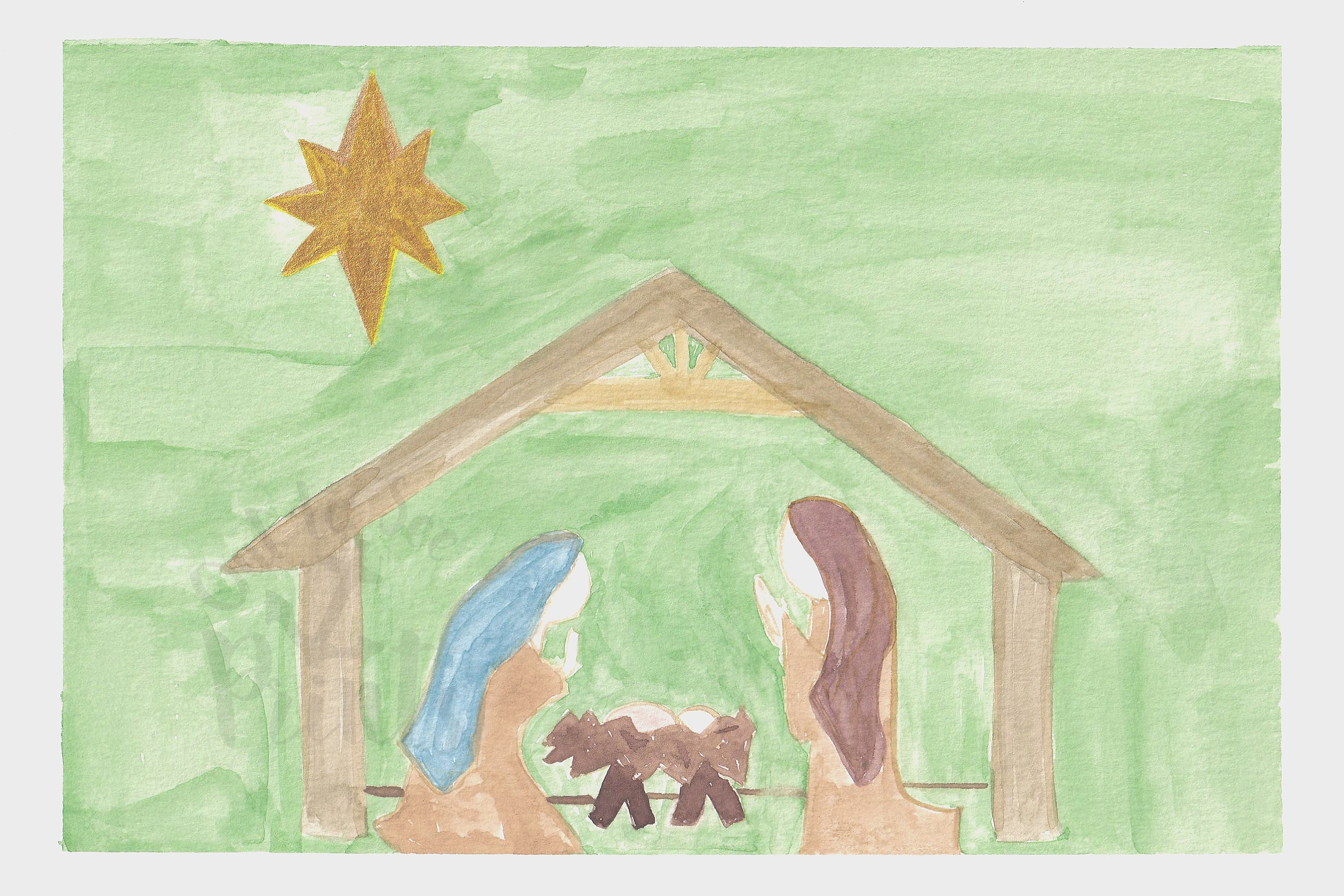Nativity Scene, Watercolor Nativity Scene Pastel Watercolor Painting ...