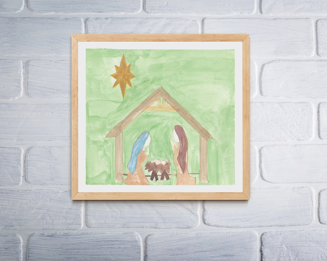 Nativity Scene, Watercolor Nativity Scene Pastel Watercolor Painting ...