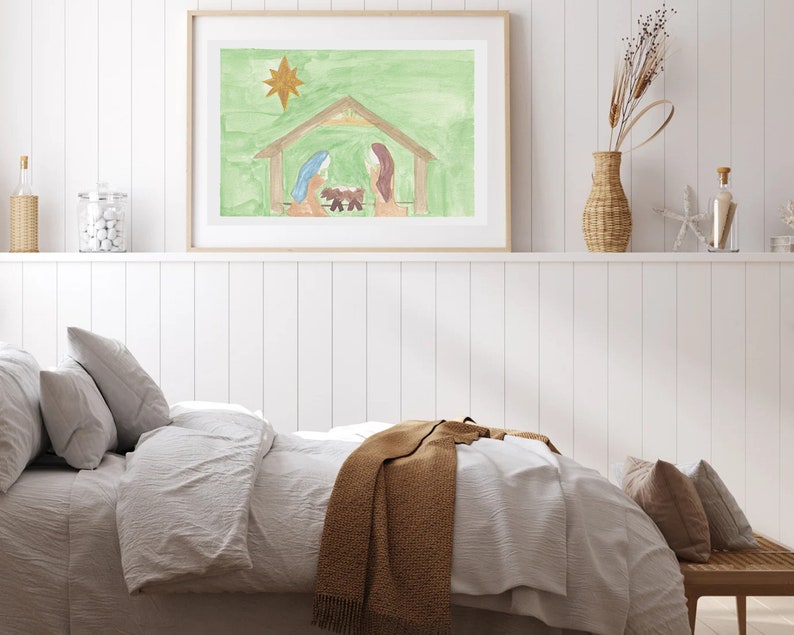 Nativity Scene, Watercolor Nativity Scene Pastel Watercolor Painting ...