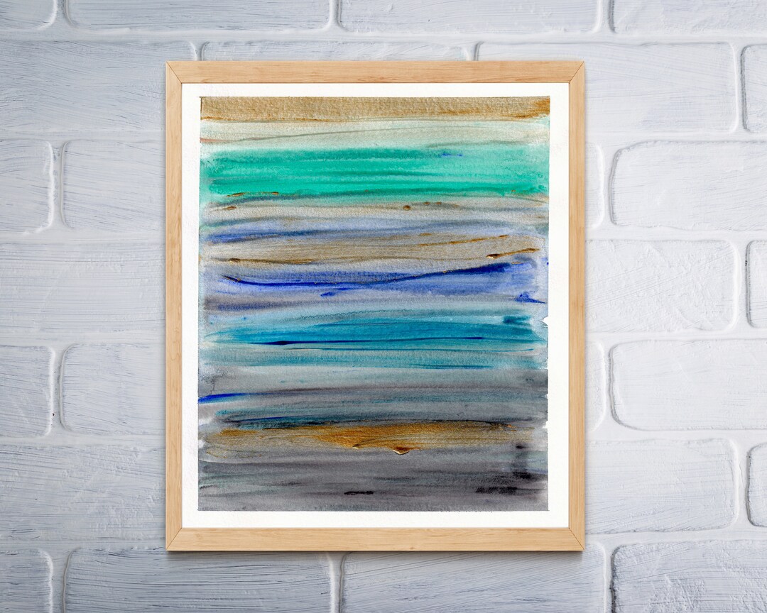 Modern Abstract Watercolor, Stack Stripes Print, Gold, Green, Blue ...