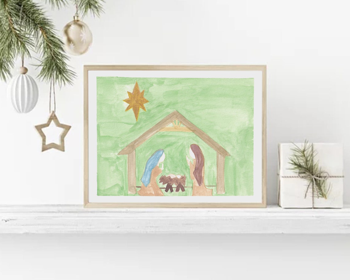 Nativity Scene, Watercolor Nativity Scene Pastel Watercolor Painting ...