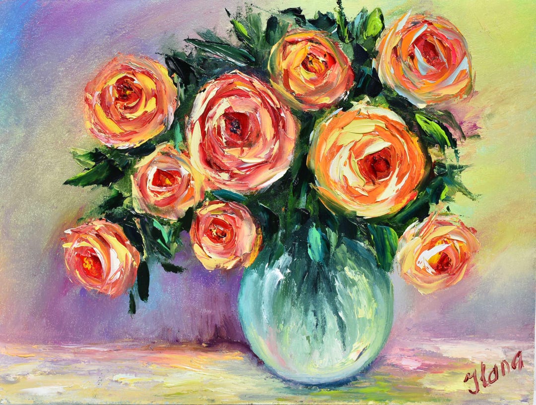 Yellow Roses Painting Floral Still Life Rose Art Orange Rose Painting ...