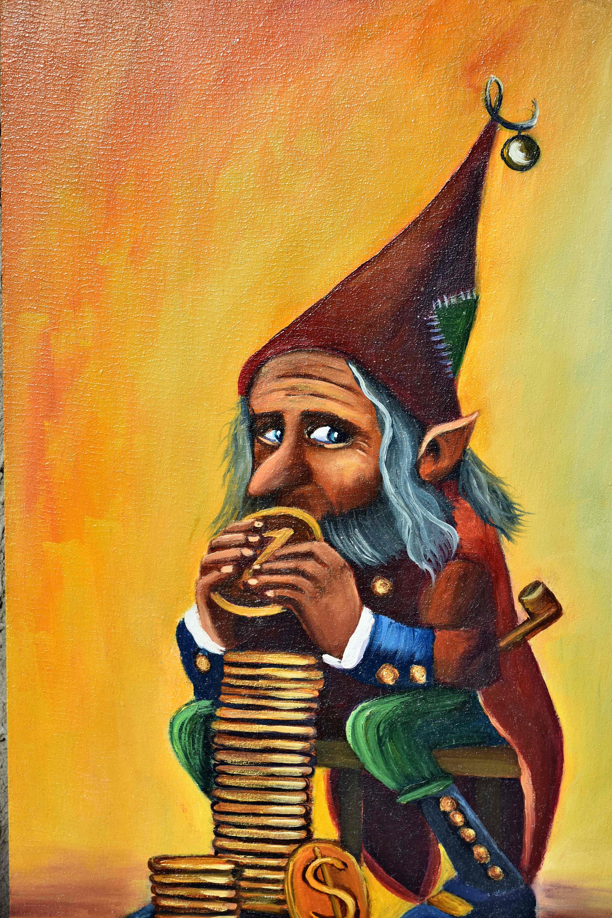 Original Painting Art Golden Gnome Art Money Gnome Living Room Decor ...