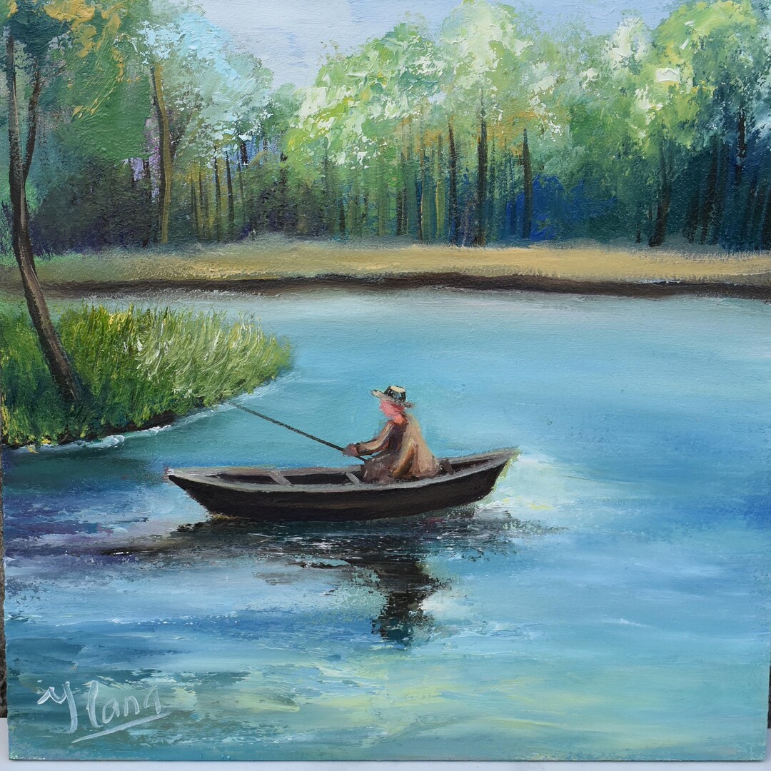 Fisherman Painting Lake Fish Pike Perch Fishing Wall Art Summer ...