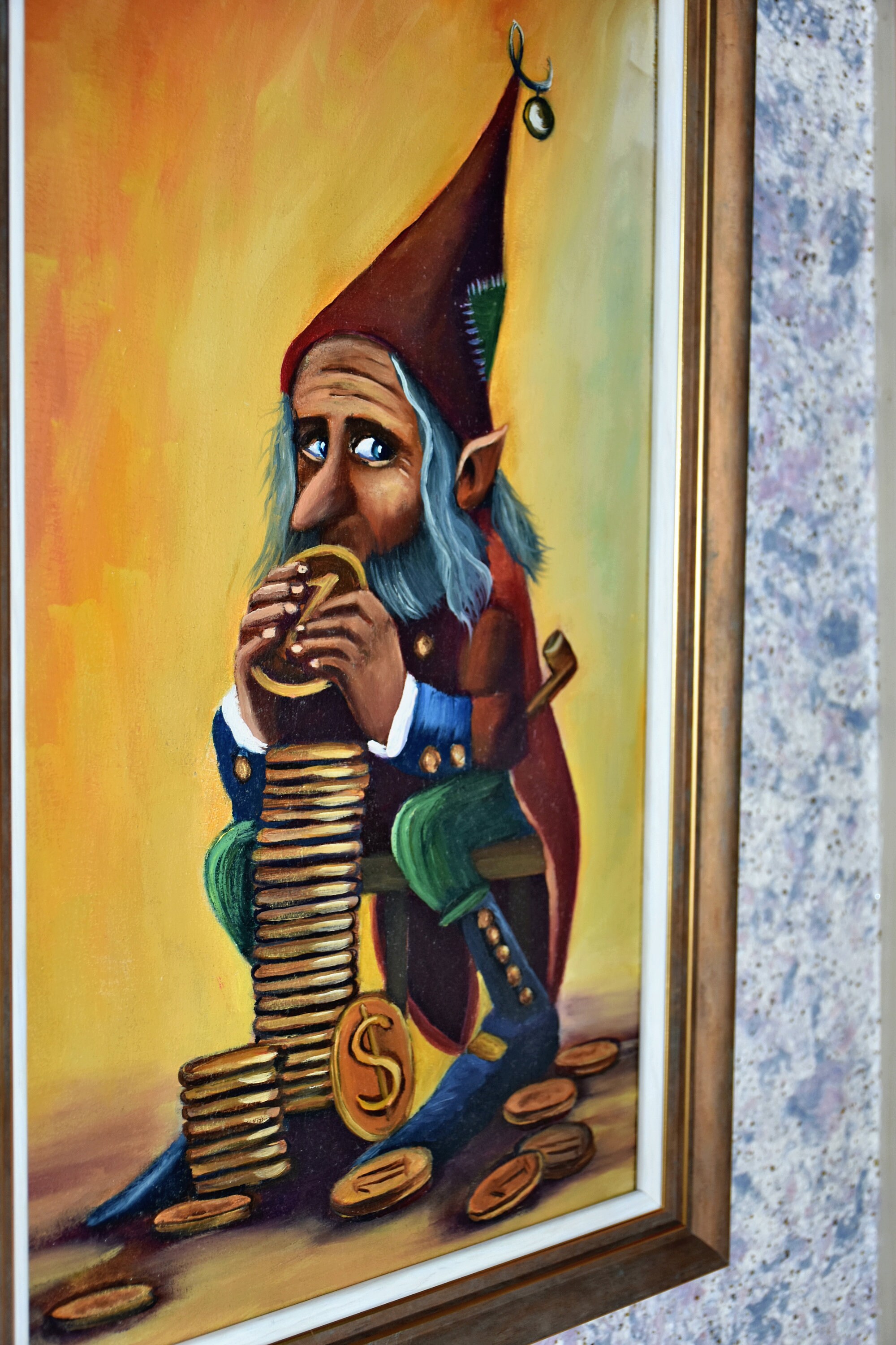 Original Painting Art Golden Gnome Art Money Gnome Living Room Decor ...