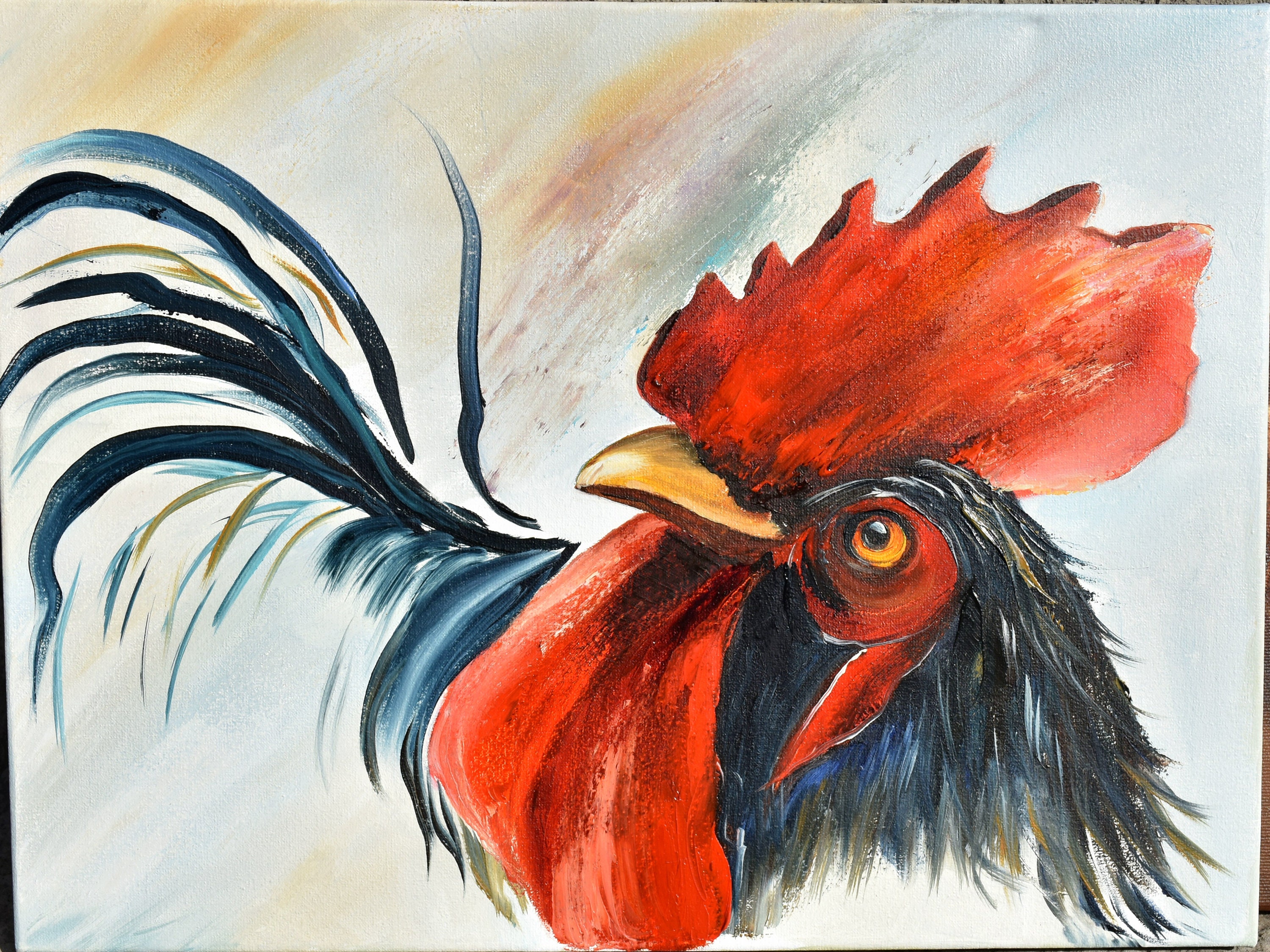 Black Rooster Painting on Canvas Rooster Abstract Art Pet Portrait Art Rooster Art Bird Oil ...