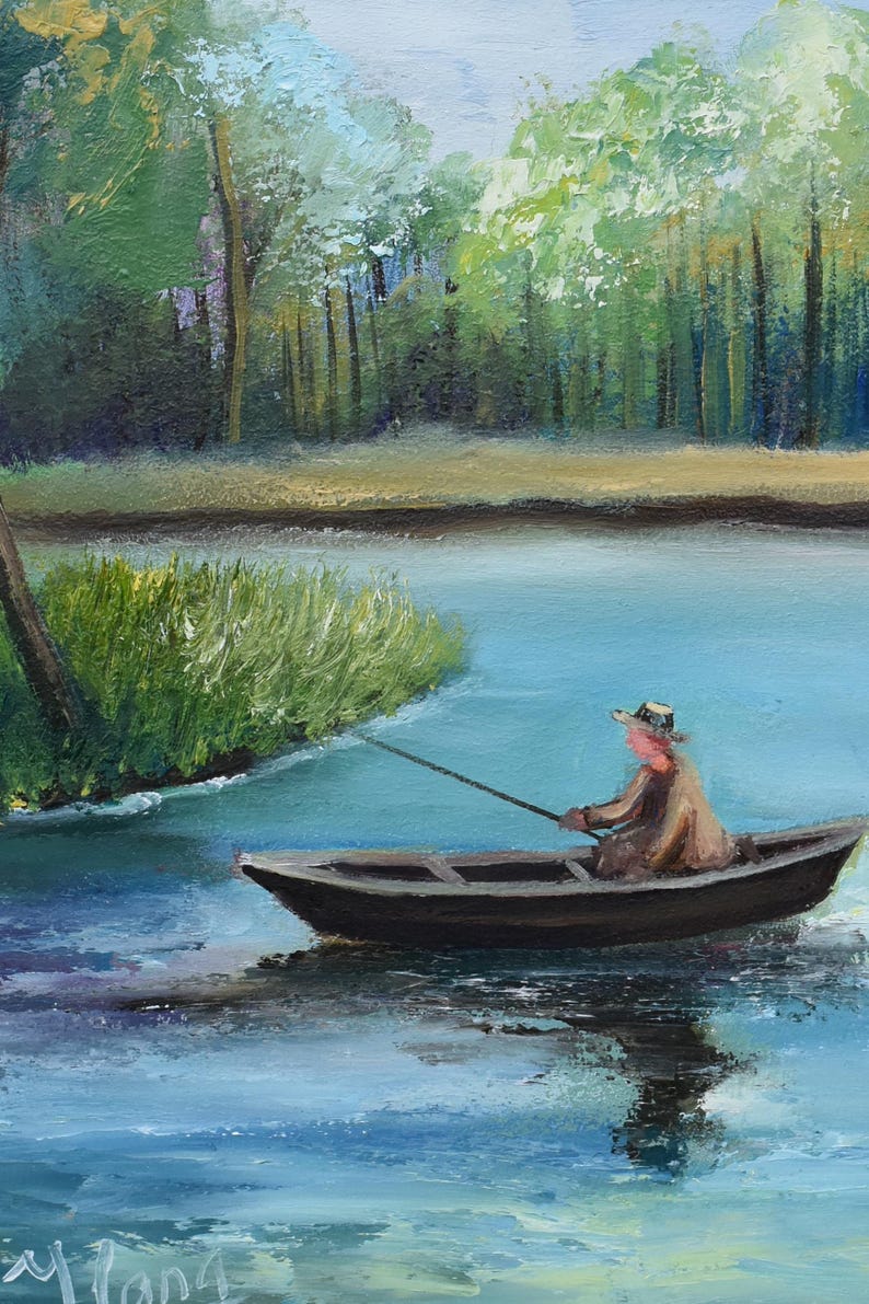 Fisherman Painting Lake Fish Pike Perch Fishing Wall Art Summer ...