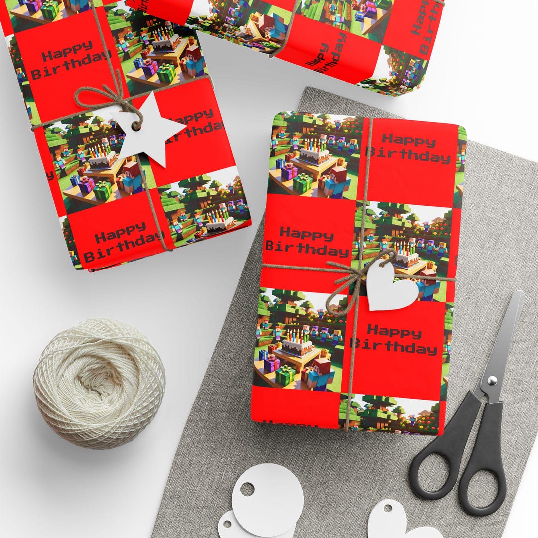 Wrapping Paper, Minecraft Inspired Happy Birthday Gift Wrap, Gamer ...