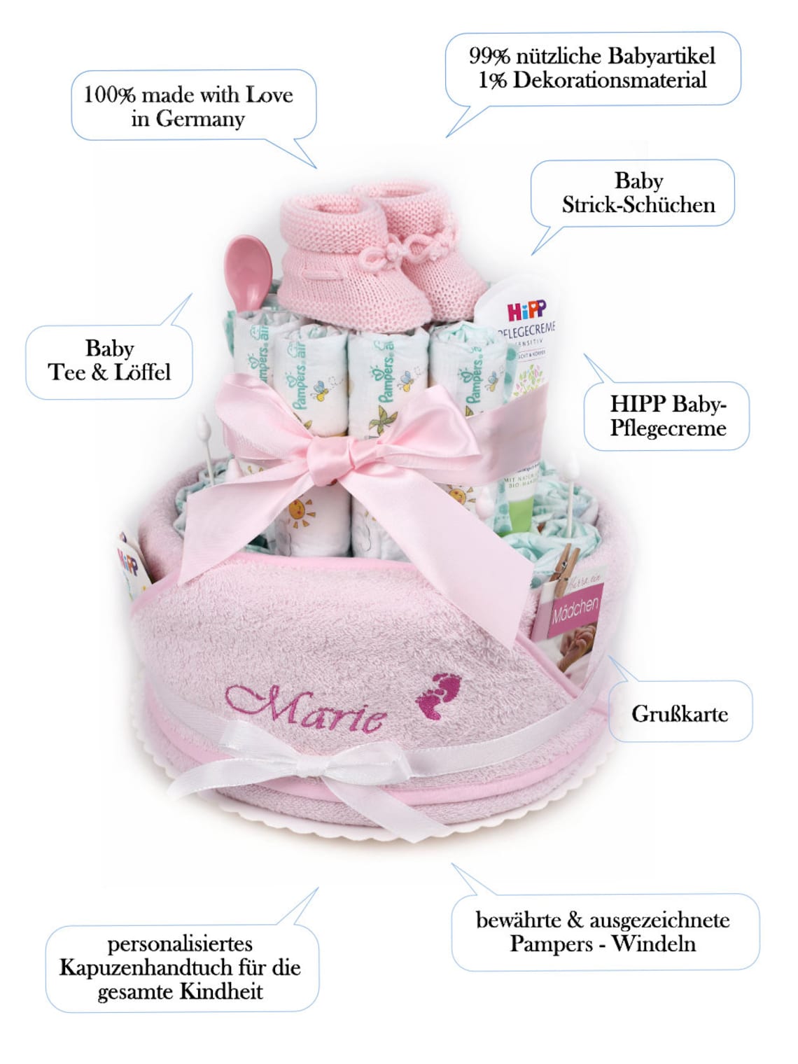 Windeltorte Mädchen, Babygeschenk zur Geburt, Pamperstorte zur ...