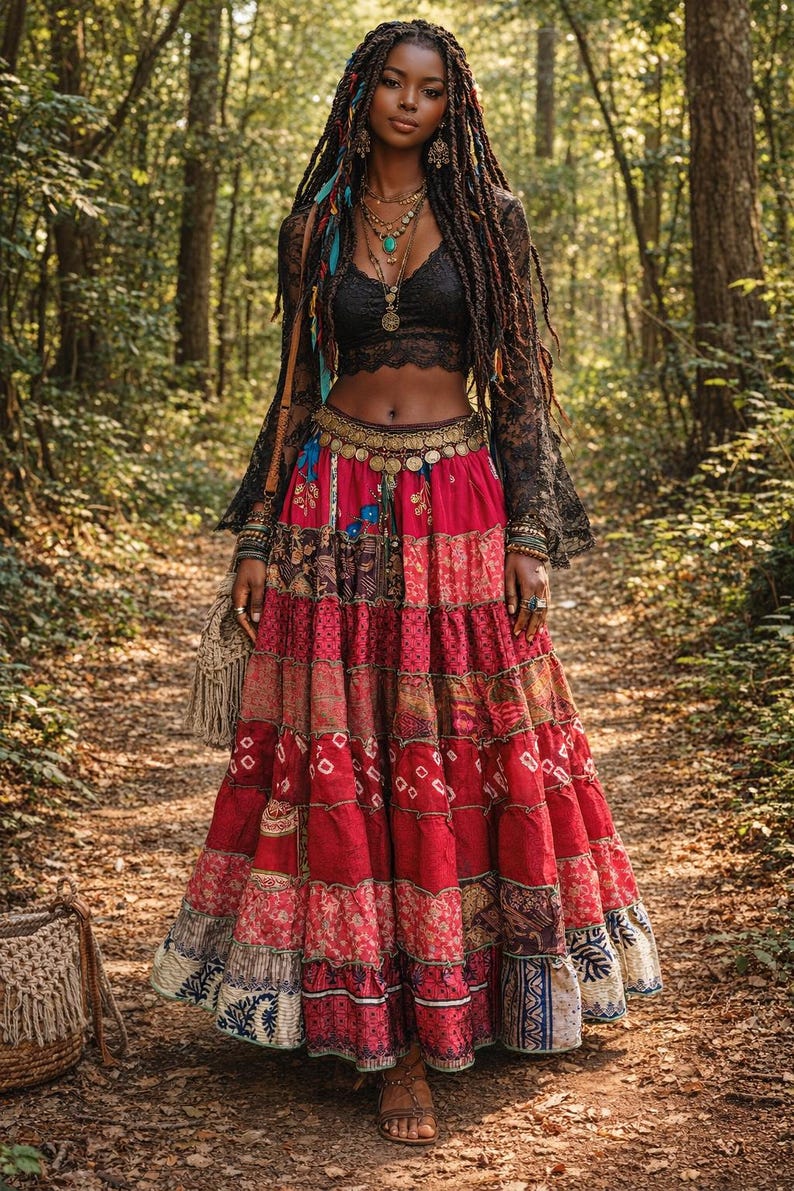 Boho Hippie Fairy Cottagecore Gypsy Patchwork Tribal Tiered Maxi Long ...