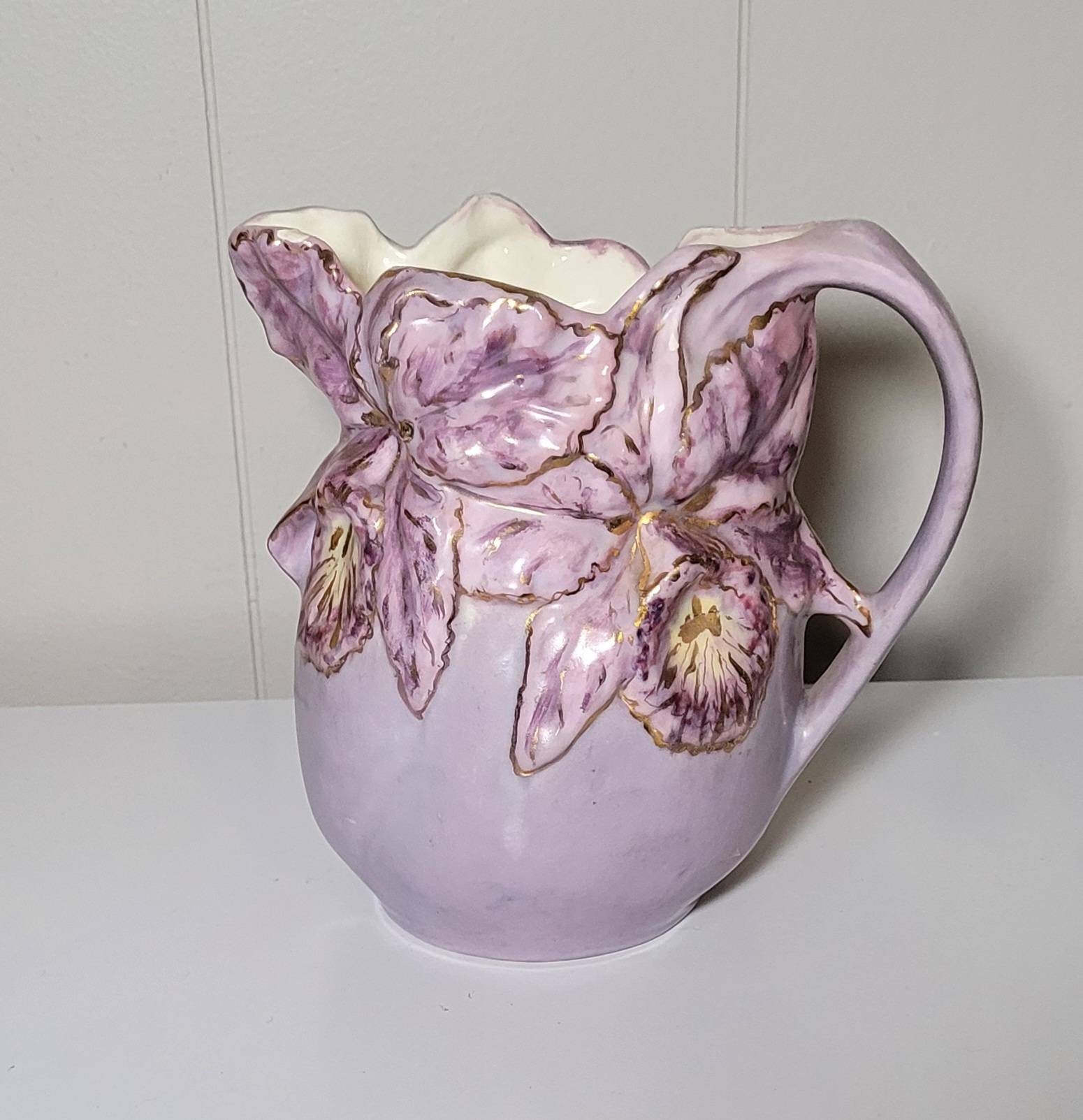 Vintage Hand-painted Iris Pitcher Vashti Ceramic Pitcher Floral Water Pitcher Vintage Floral ...