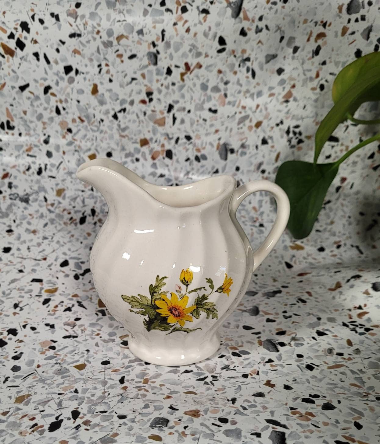 Vintage Yellow Floral Ceramic Pitcher Floral White Creamer Cottage ...