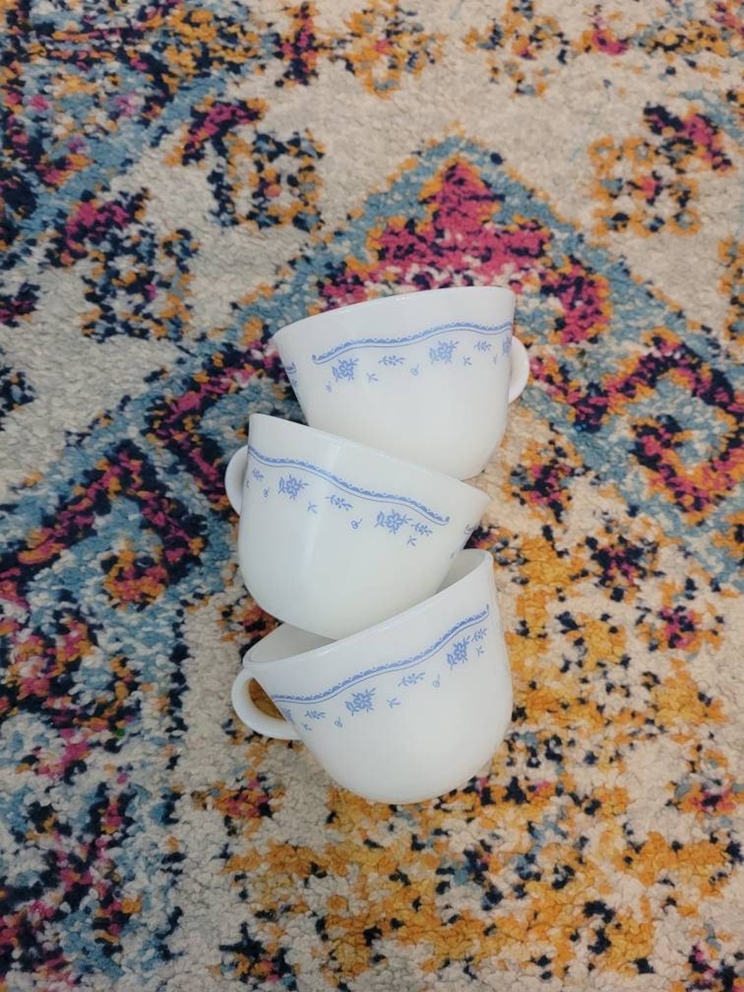 Set of 3 Pyrex Corelle Morning Blue Tea Cups Vintage Milk Glass Vintage ...