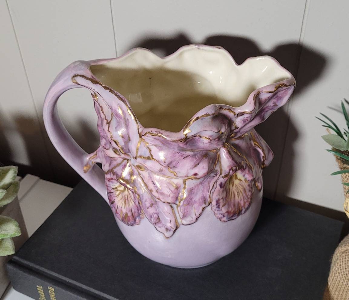 Vintage Hand-painted Iris Pitcher Vashti Ceramic Pitcher Floral Water ...