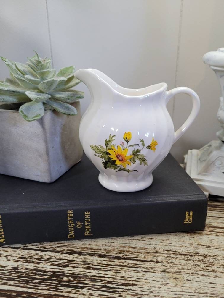 Vintage Yellow Floral Ceramic Pitcher Floral White Creamer Cottage ...