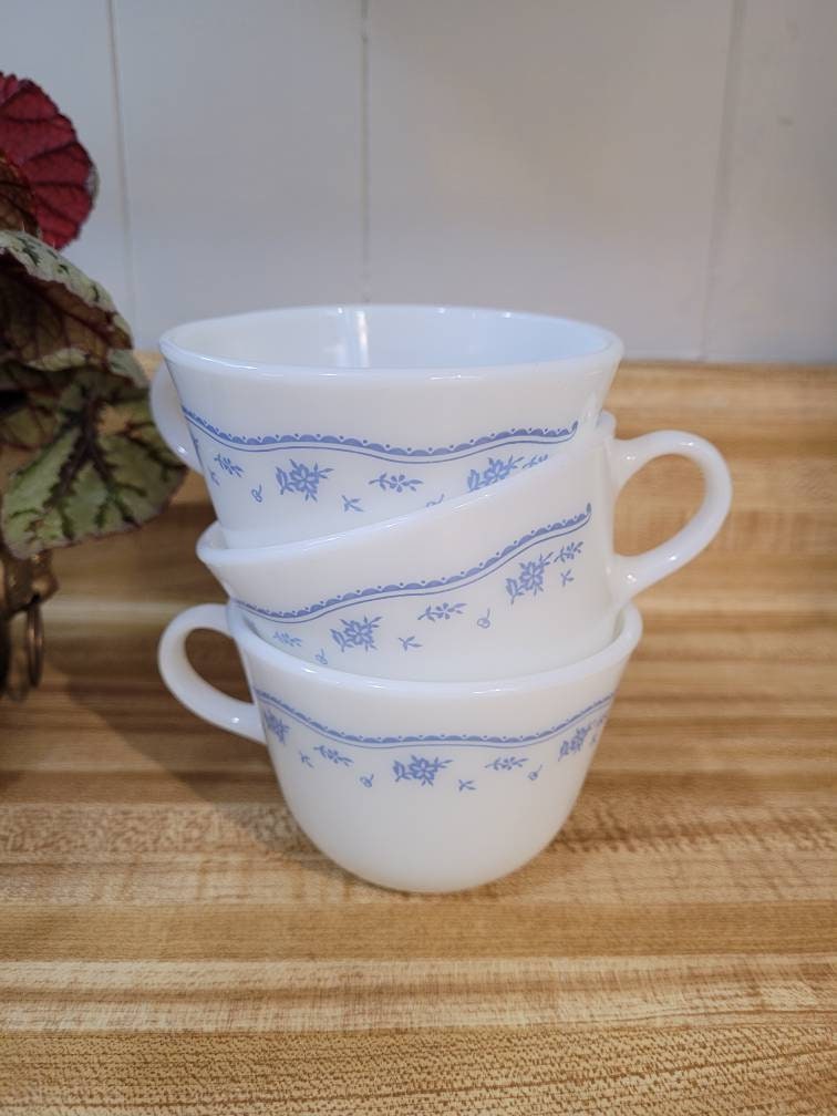 Set of 3 Pyrex Corelle Morning Blue Tea Cups Vintage Milk Glass Vintage ...