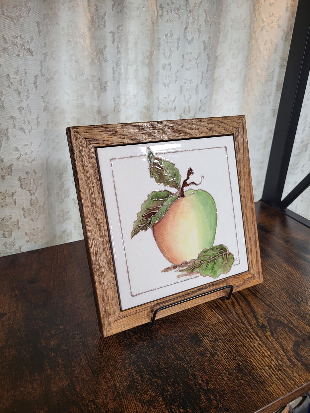 Square Ceramic Tile Apple Trivet - Wood Frame | Vintage Kitchen Trivet ...