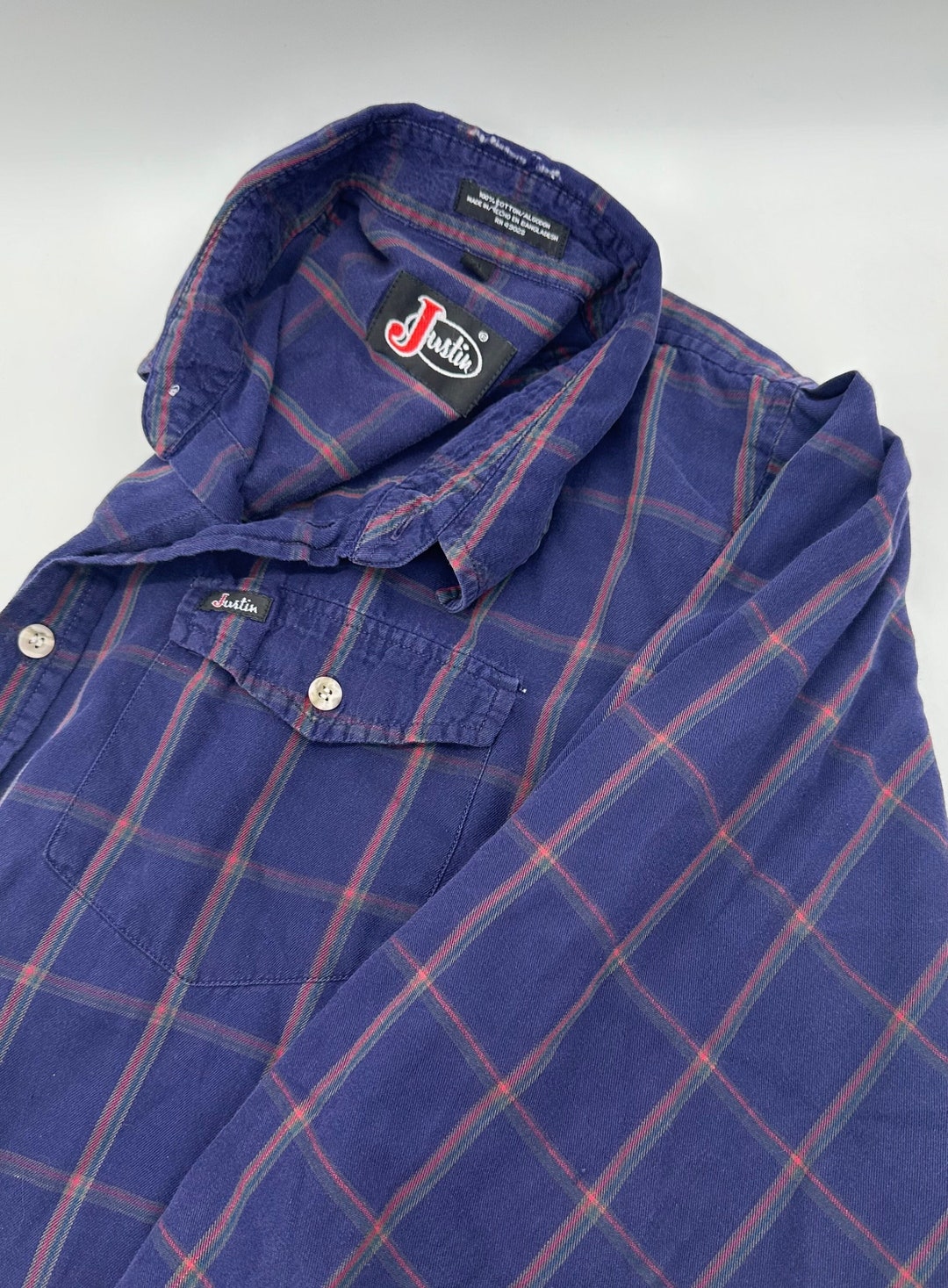 Vintage Western Shirt Button Down Justin XL Blue Plaid Pockets - Etsy