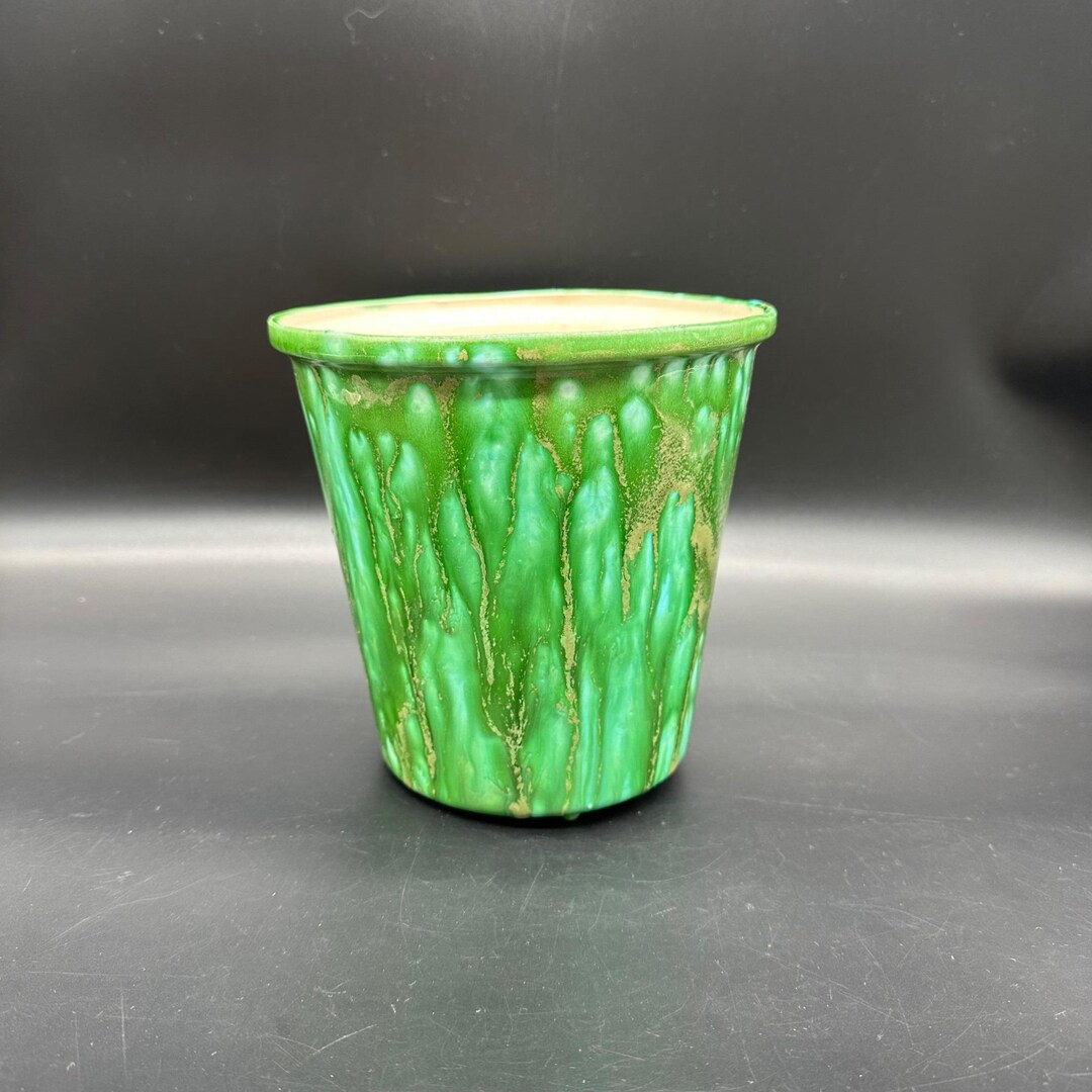 Vintage Green Gold Drip Glaze Pottery Planter Pot Wonky Imperfect as Is ...