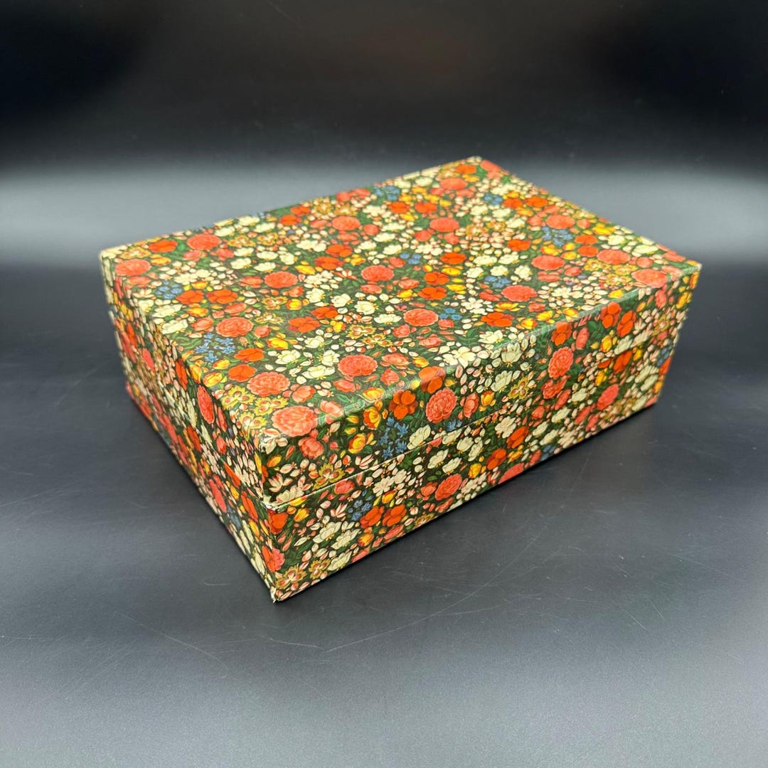 Vintage Cardboard Storage Box 1960s Floral Gold Interior Pink Flowers ...