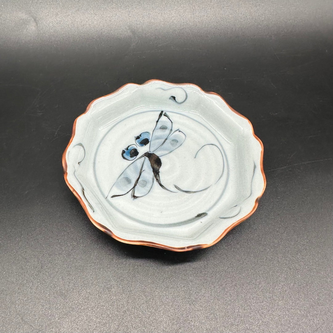Dragonfly Dish Pottery Asian Signed Tray Handmade Plate Scalloped Edge ...