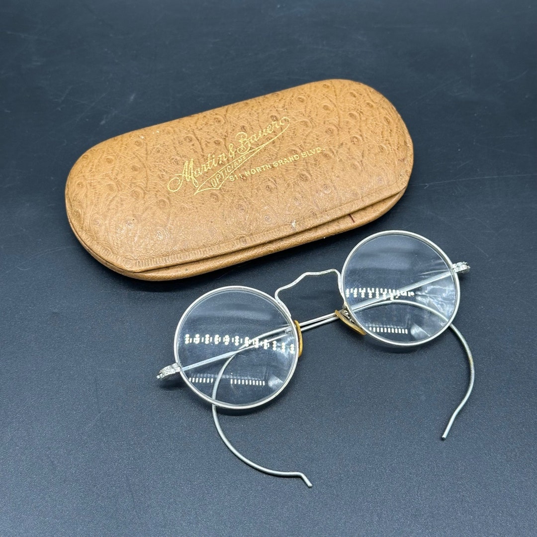 Antique Eyeglasses Wire Frame Rim Round Leather Case Martin & Bauer ...