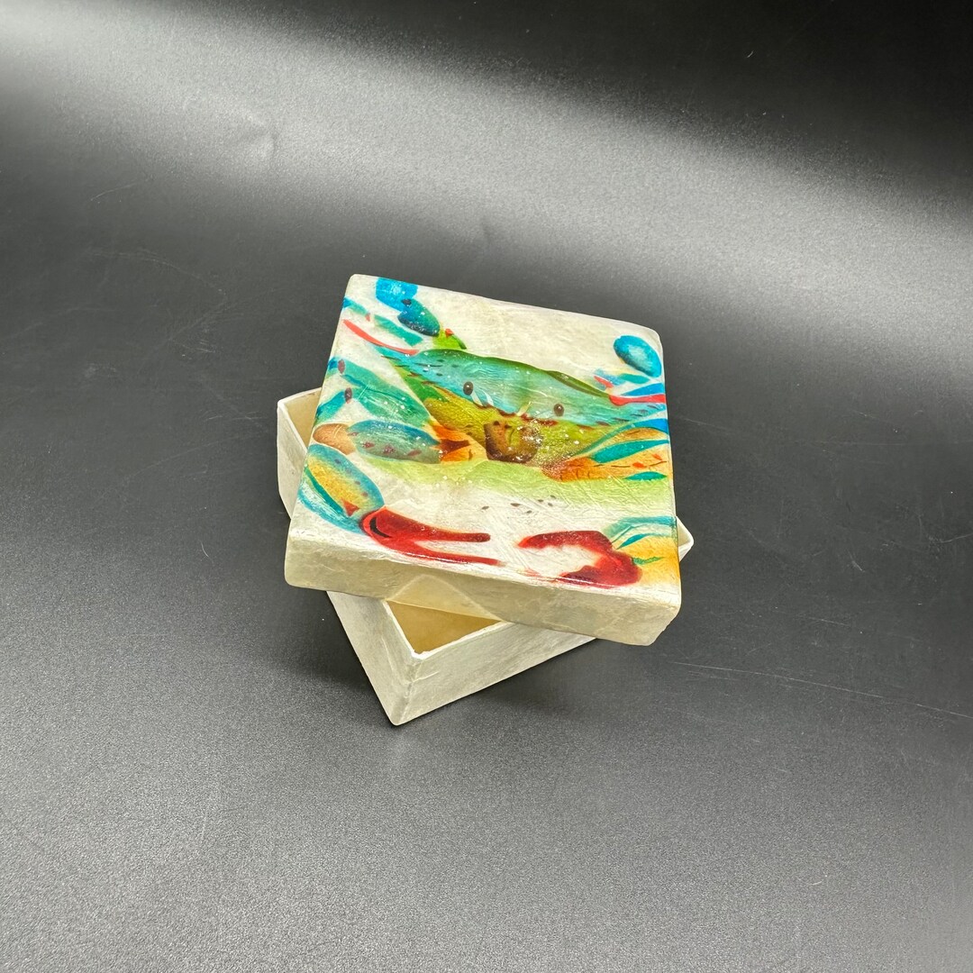Capiz Shell Trinket Box Hand Painted Crab Windowpane Oyster Stash ...