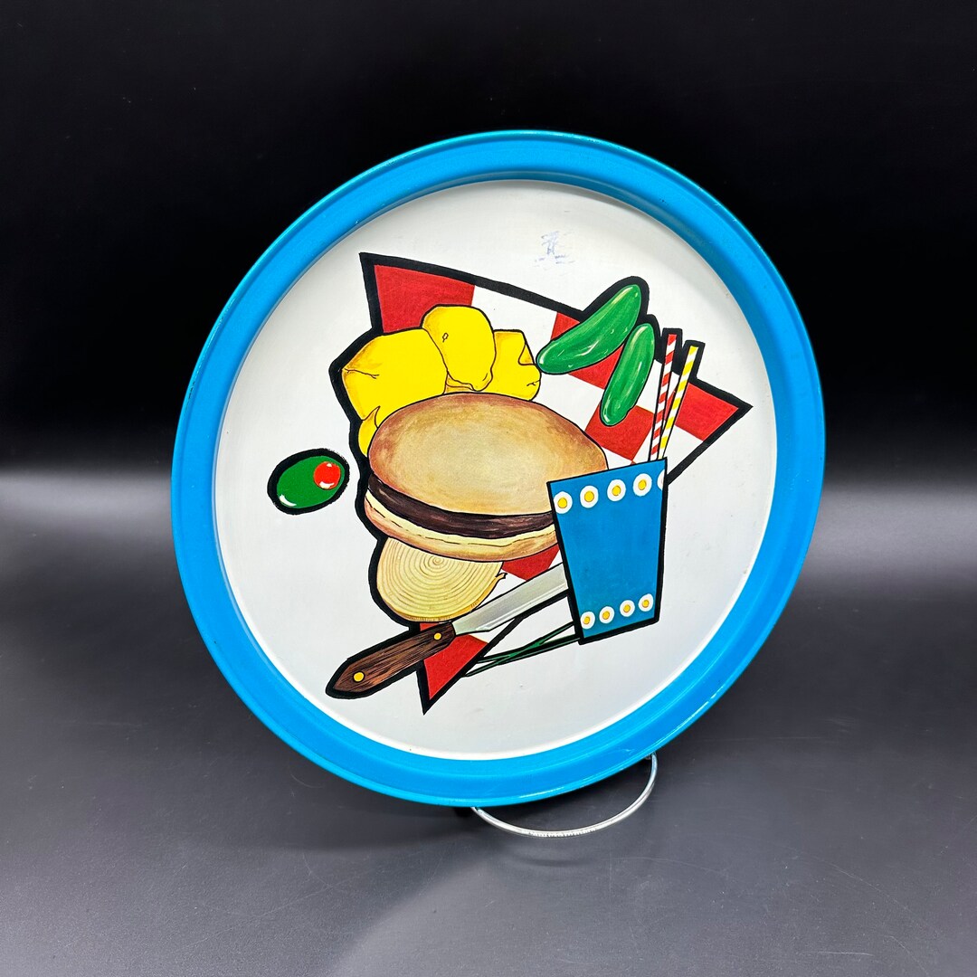 Vintage Serving Tray Hamburger Cookout Camping Kitschy Blue Metal Soda ...