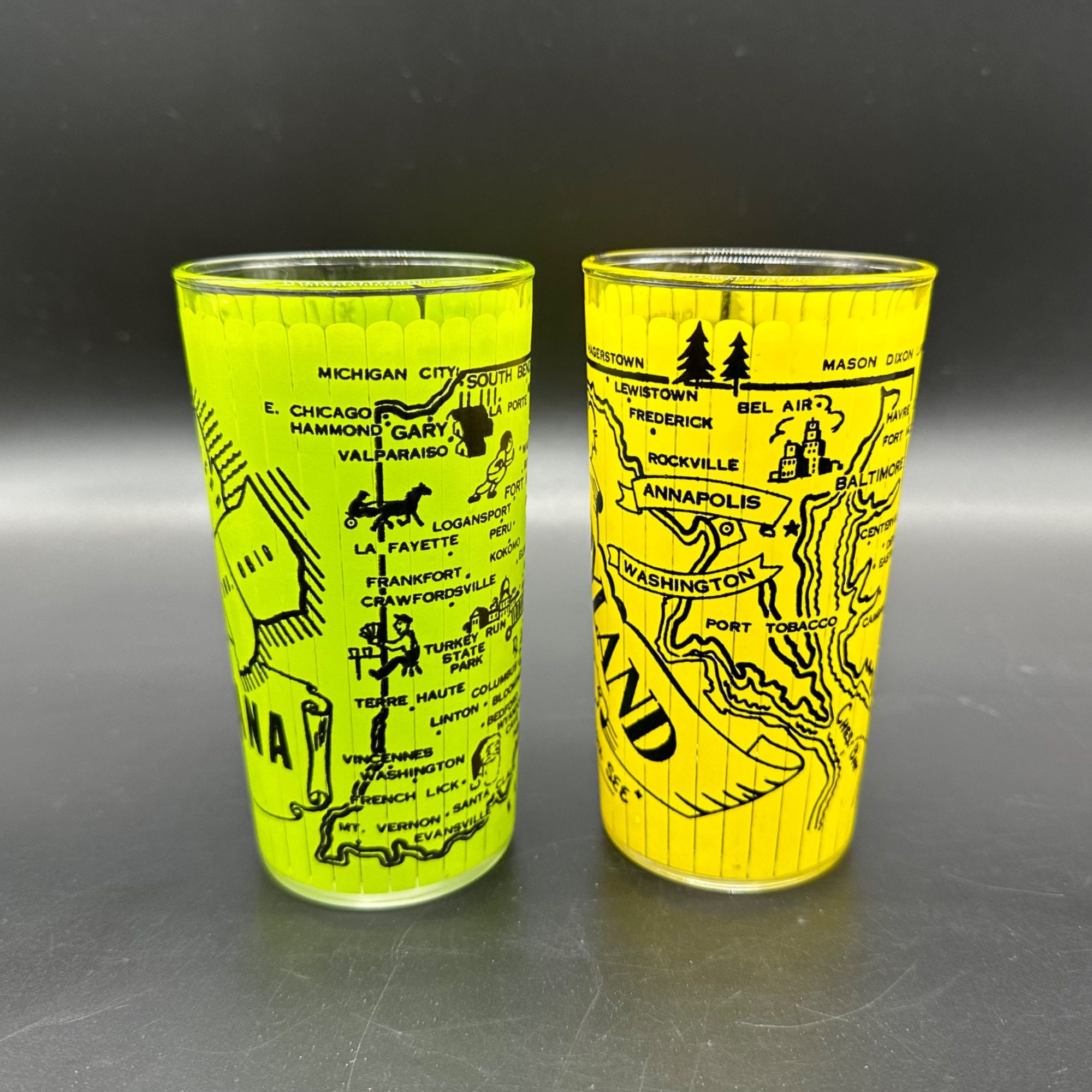 Vintage Tumblers State Map Souvenirs Indiana Maryland Hazel Atlas USA ...