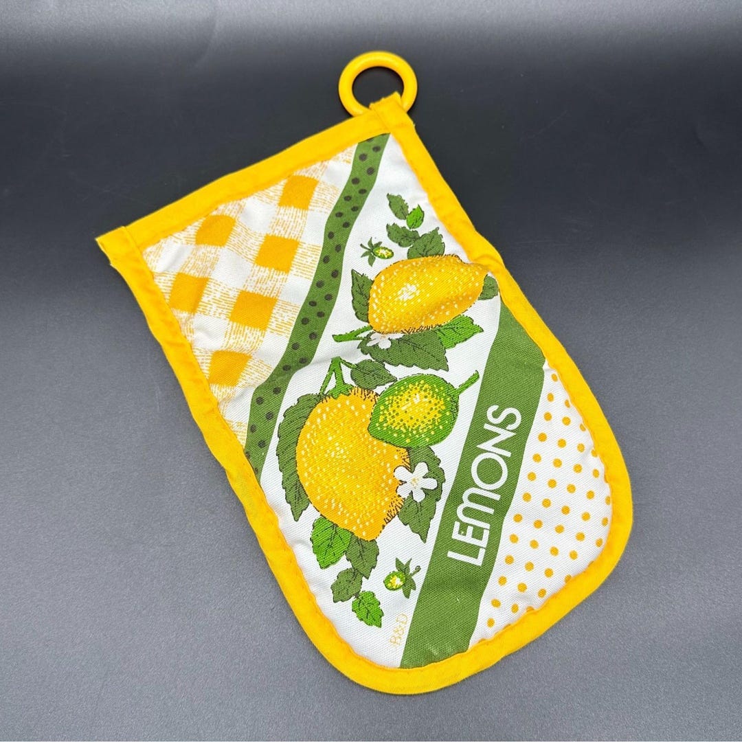 Vintage Oven Mitt Pot Holder Yellow Green Lemons Hanging Ring Retro ...