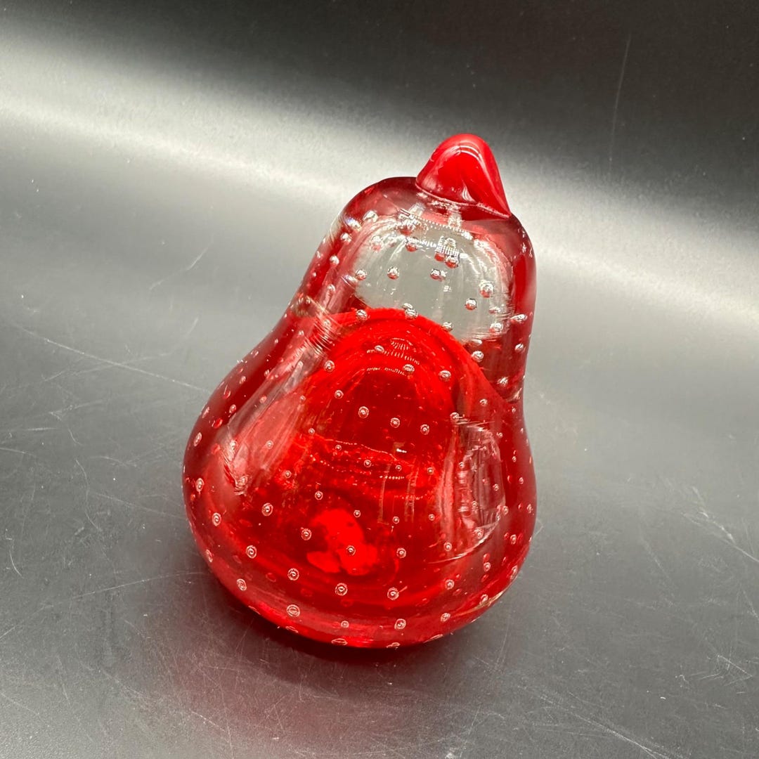 Art Glass Pear Paperweight Red Clear Controlled Bubbles Fruit Japan ...