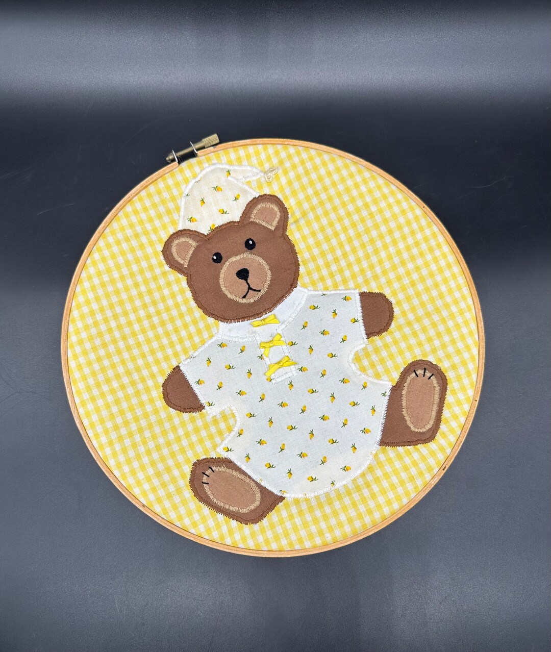 Vintage Wall Hanging Teddy Bear Yellow Embroidery Hoop Nursery Quilted ...