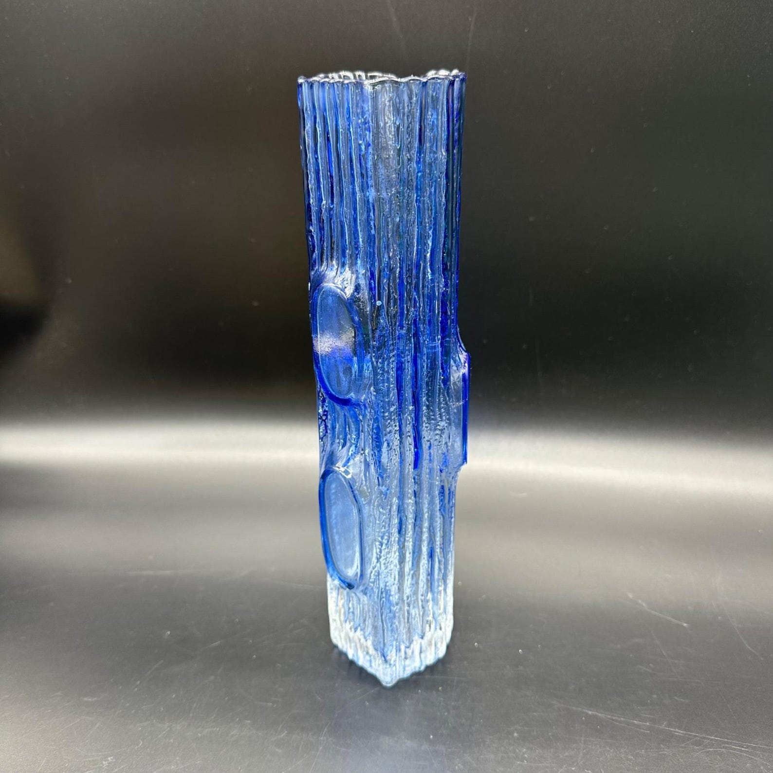 Vintage Blue Vase Bamboo Textured Glass Tree Trunk Japan 10 Inch Flower ...