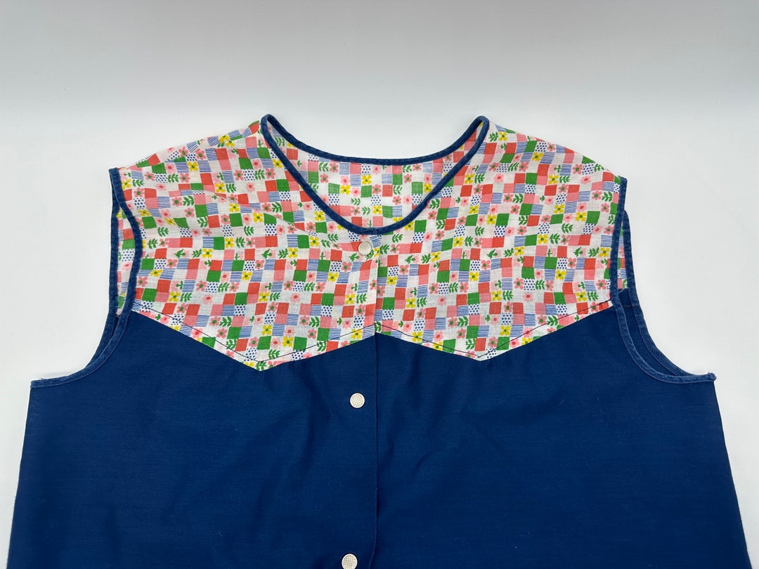 Vintage Artist Smock Vest Blue Flower Power Handmade Cotton Pockets ...