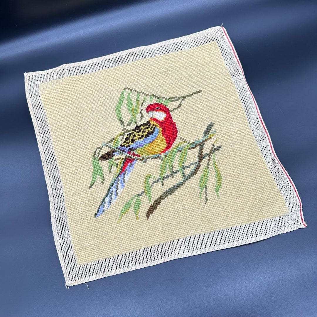 Vintage Parrot Bird Crewel Embroidery Picture Fiber Art Handmade Red ...