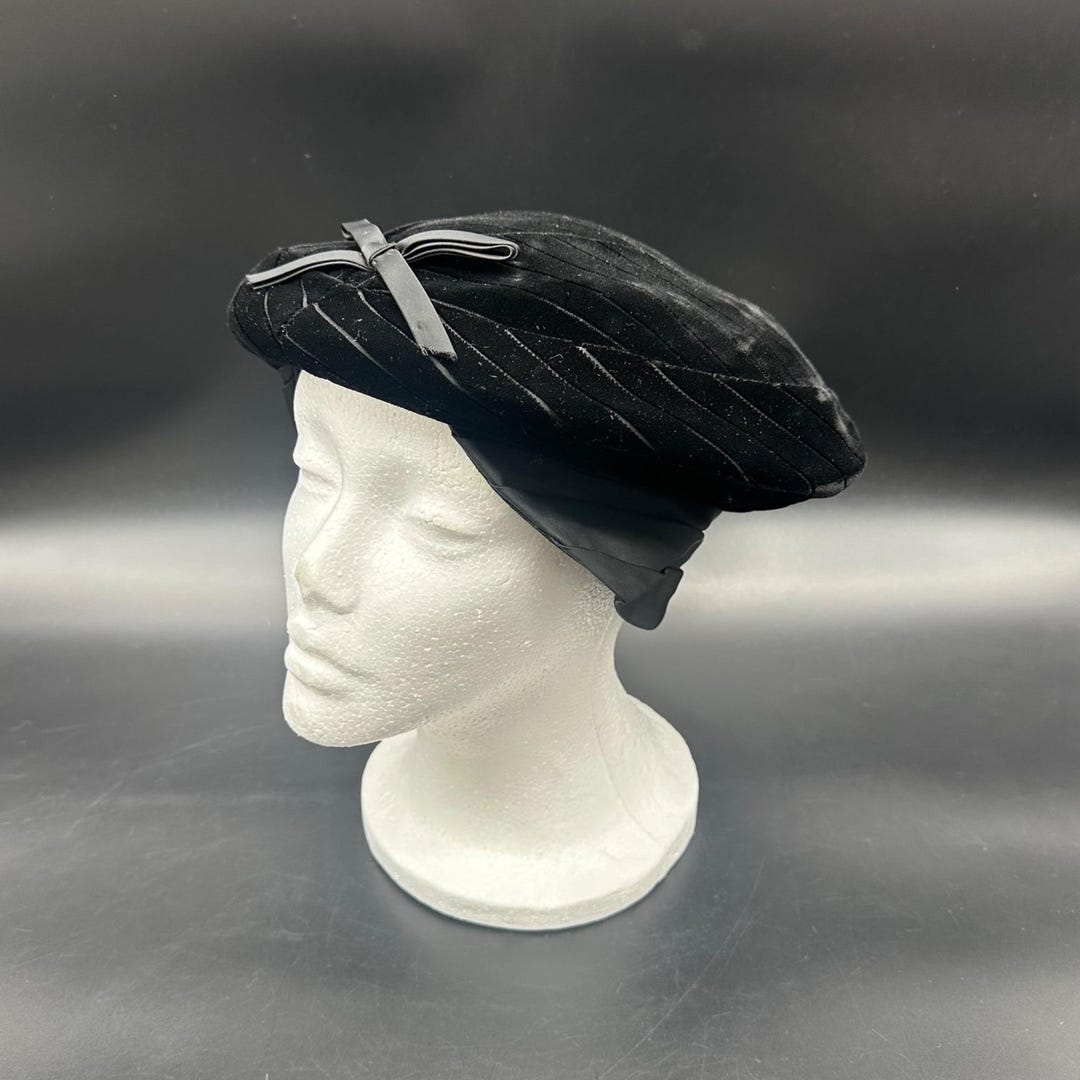 Vintage Beret Hat 1950s Black Velvet Satin Bow Modern Miss Formal ...