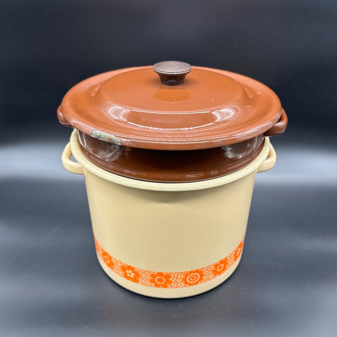 Vintage Enamel Pot Strainer 1970s Beige Brown 4 Pieces Orange Floral ...
