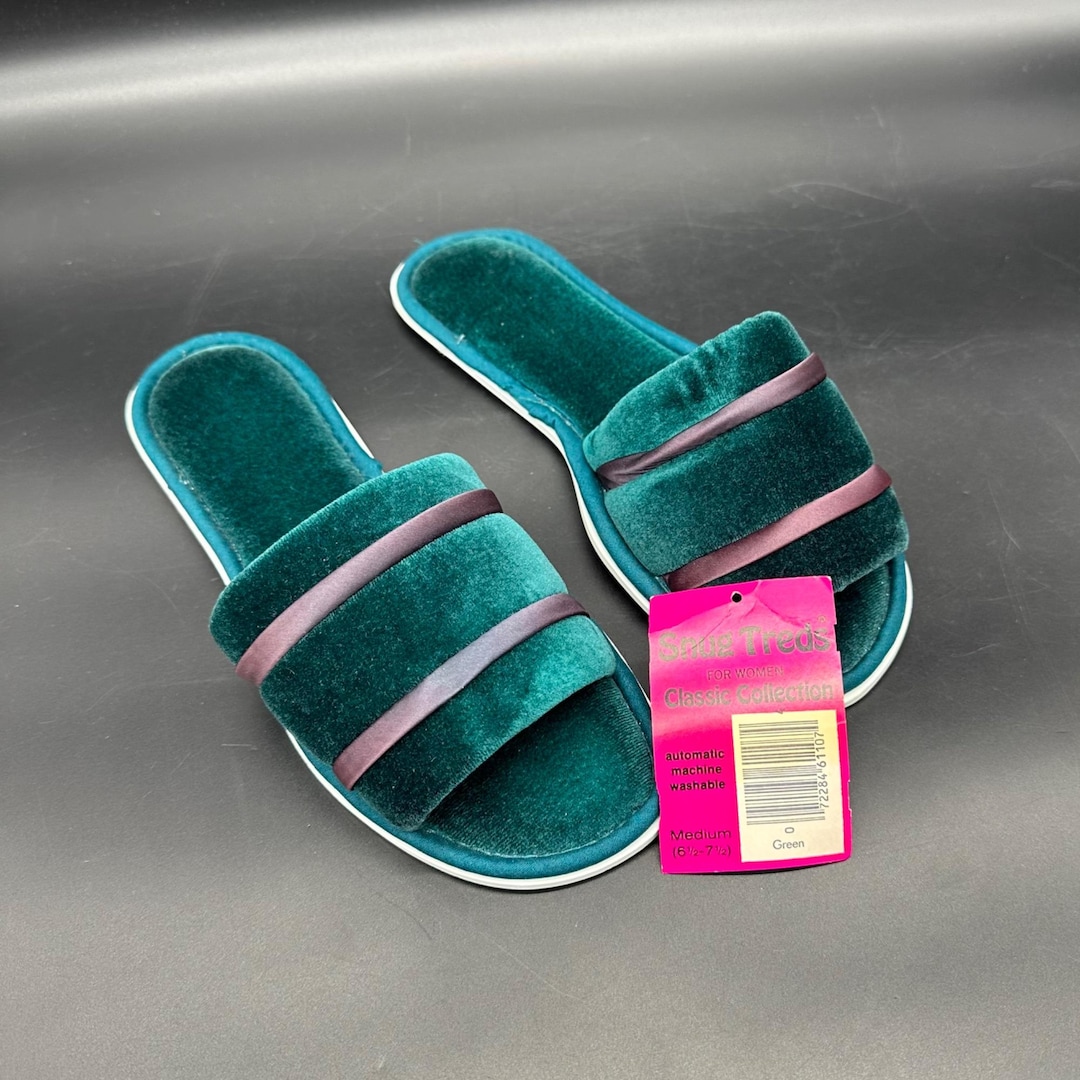 Vintage House Shoes Slippers 1980s Green Velveteen Snug Treds Plush 6.5 ...