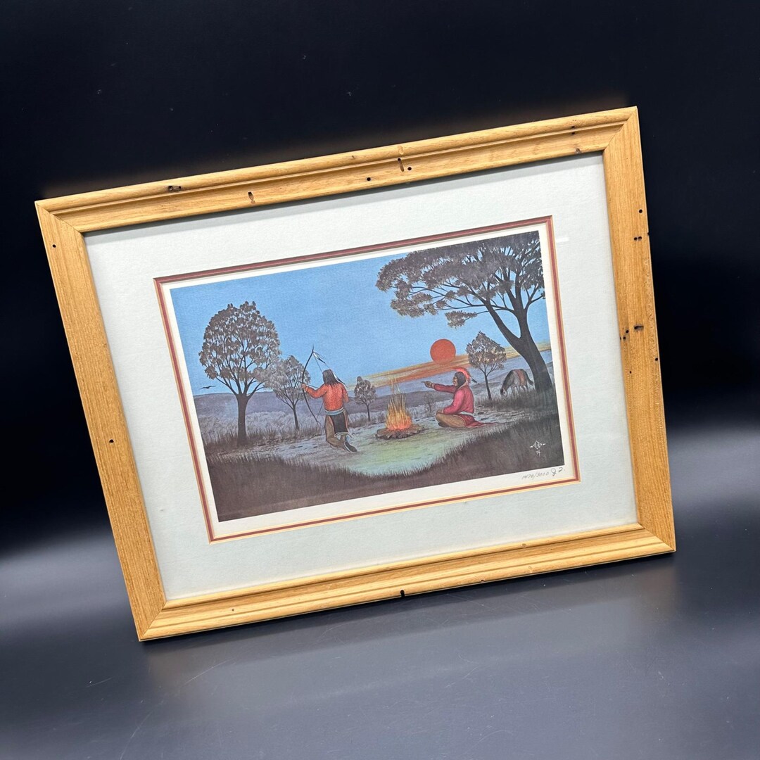 Vintage Johnny Tiger Jr Signed Indian Life Print Framed 1974 Campfire ...
