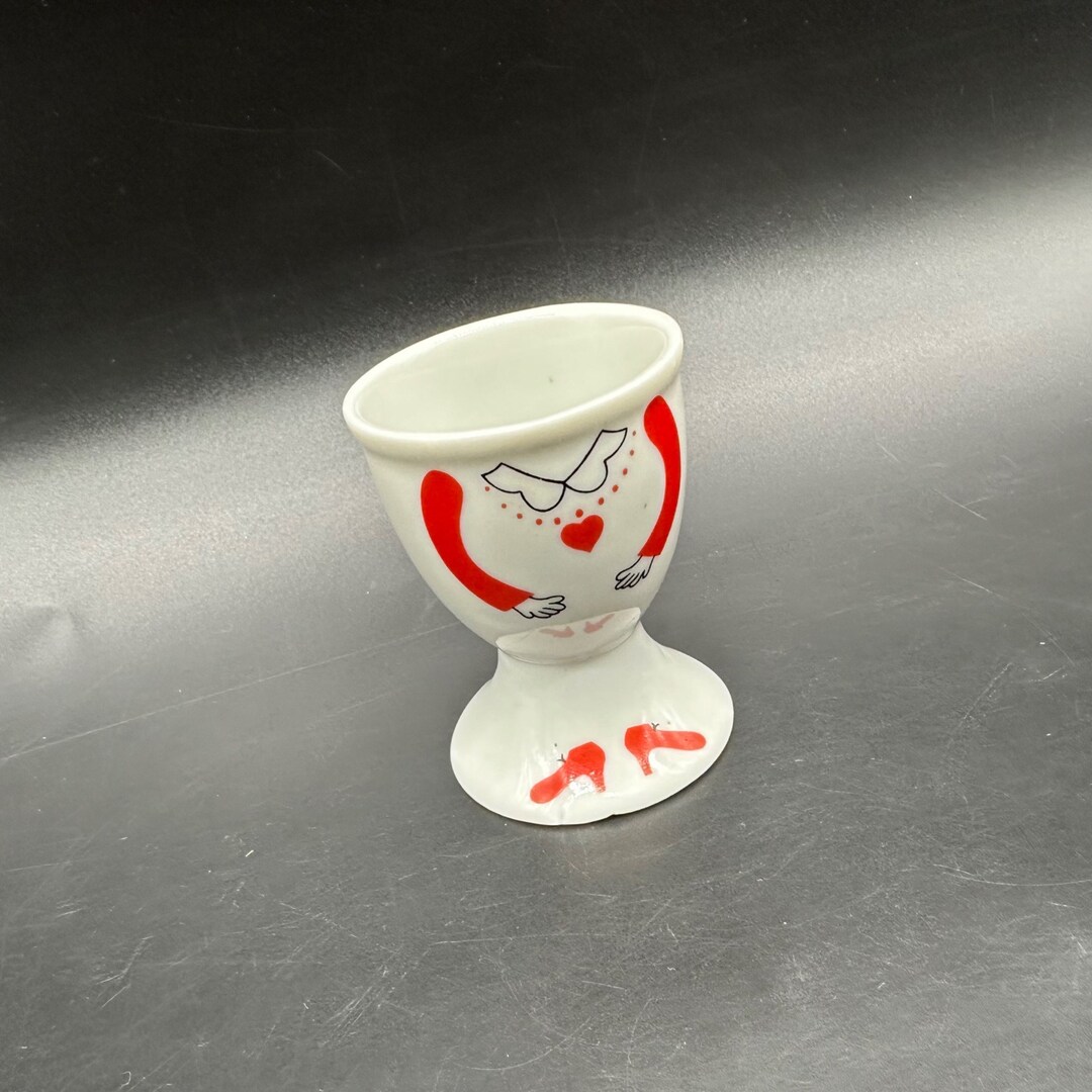 Vintage Egg Cup Kitschy Anthropomorphic Red White Lady Ceramic Retro ...