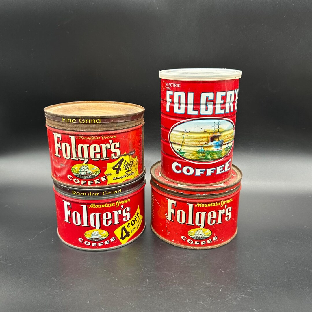 Vintage Folgers Coffee Tin Can Lot of 4 Red Retro Kitchen Advertising ...