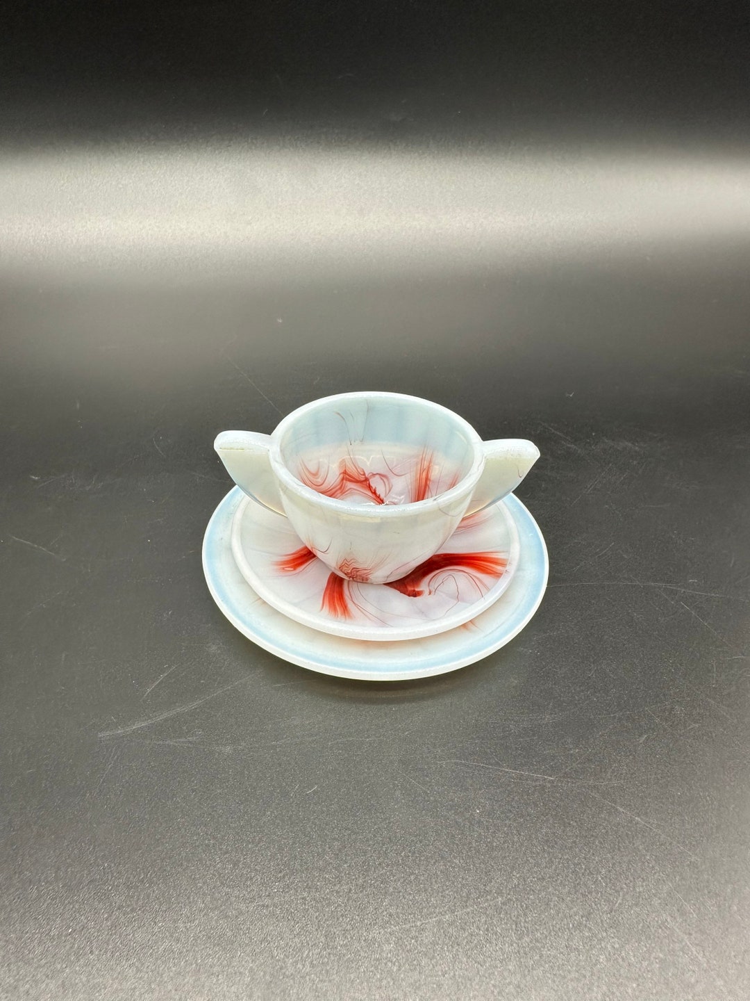 Vintage Childs Cup Plate Play Set Akro Agate Slag Glass Oxblood Swirl ...