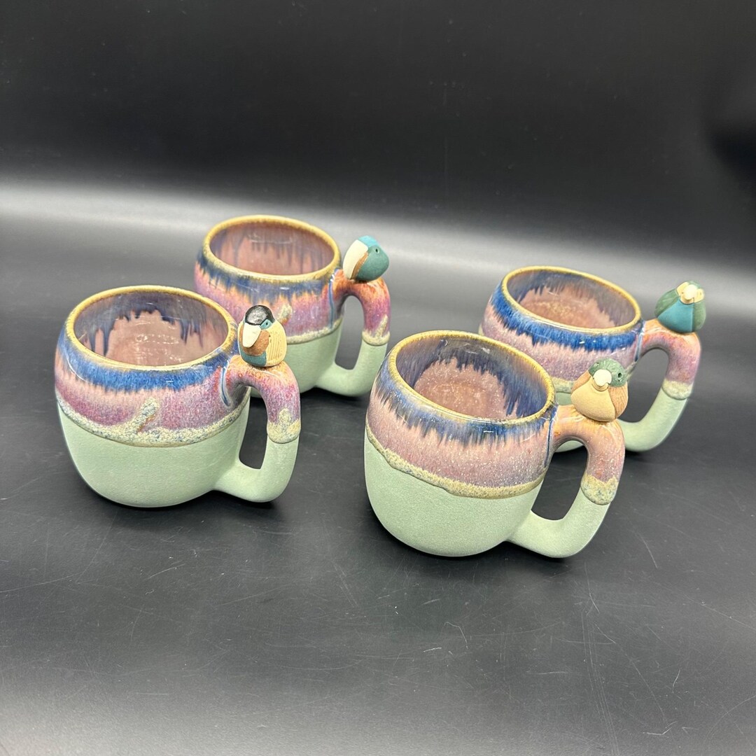 Bird Coffee Mugs Drip Glaze Pottery Parrot Cups Blue Purple Green ...