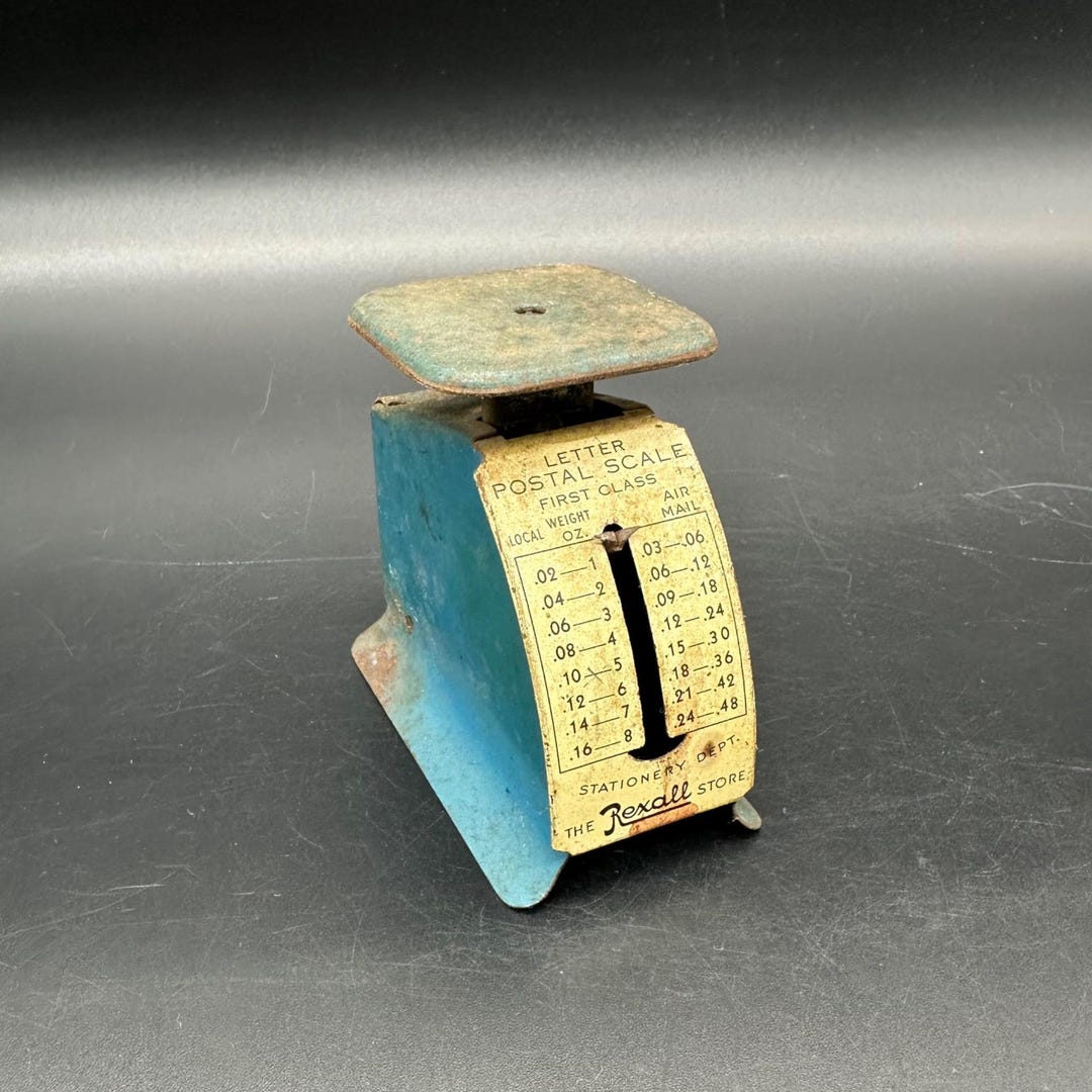Vintage 1950s Rexall Letter Postal Scale Miniature Rustic Blue Office ...
