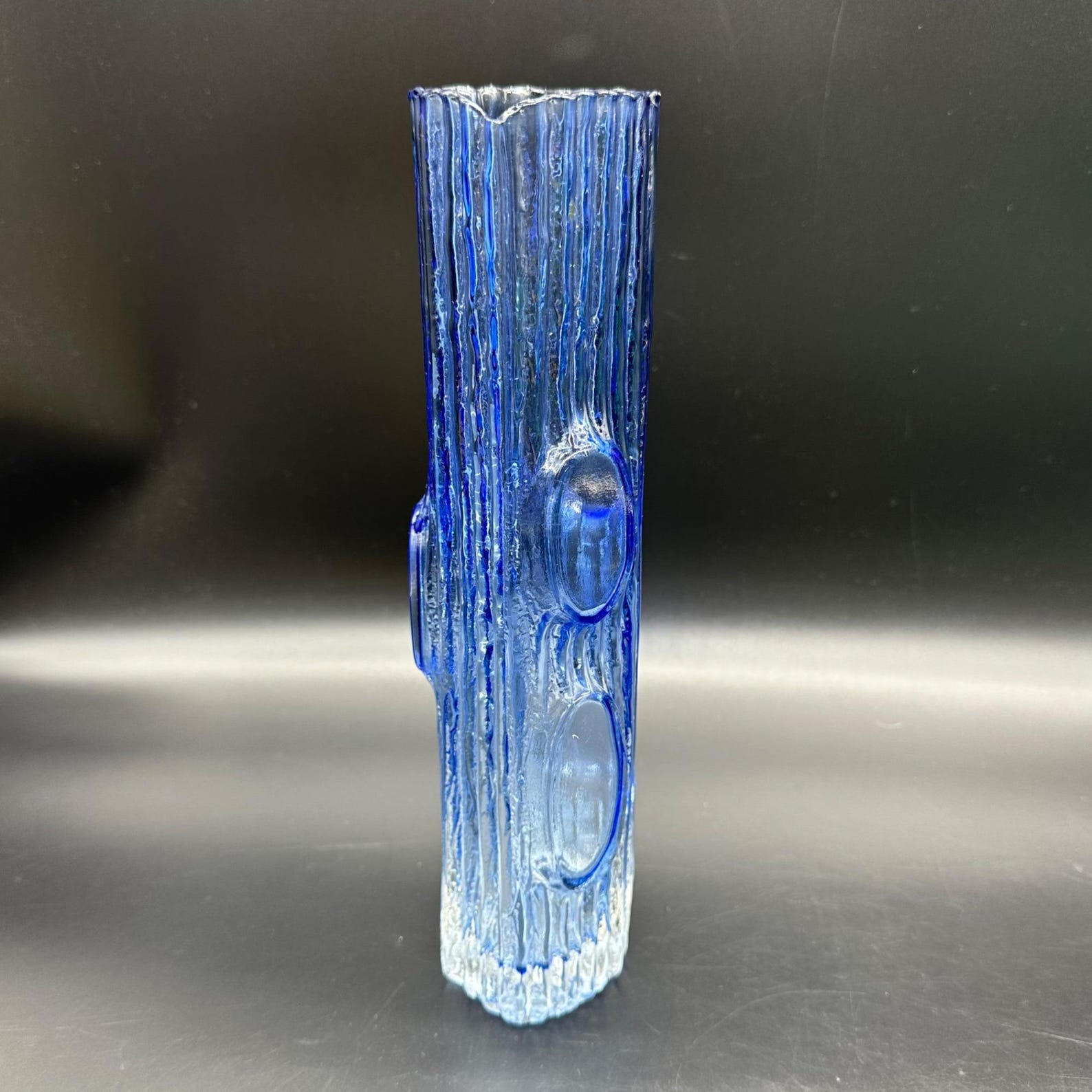 Vintage Blue Vase Bamboo Textured Glass Tree Trunk Japan 10 Inch Flower ...