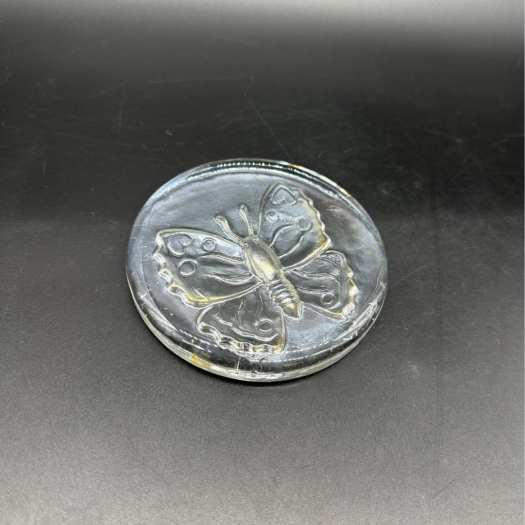 Vintage Butterfly Paperweight Clear Glass Orange Iridescence Round ...