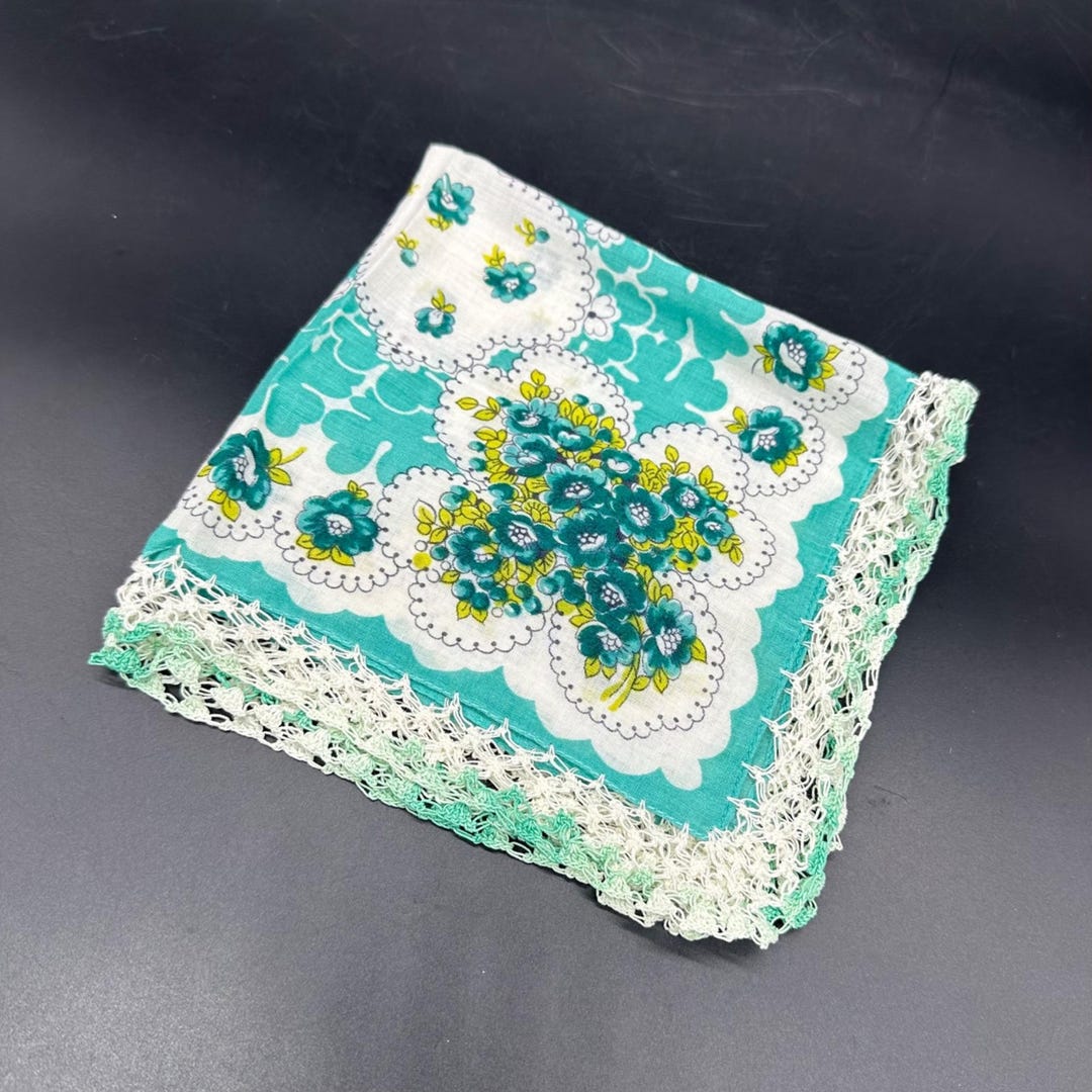 Vintage Floral Handkerchief Crochet Lace Border Teal Green White ...