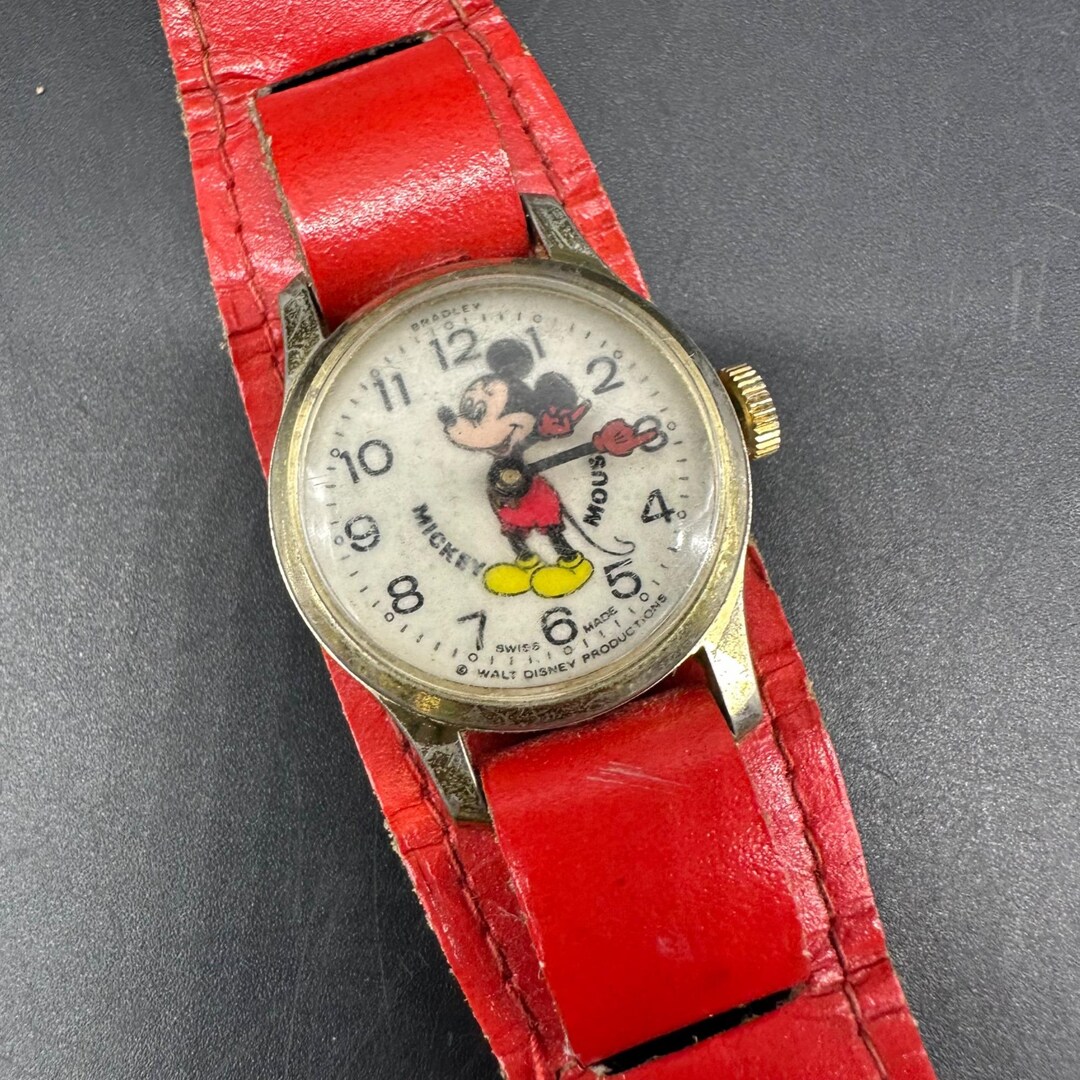 Vintage Mickey Mouse Kids Watch Swiss Made Red Strap Walt Disney as is ...