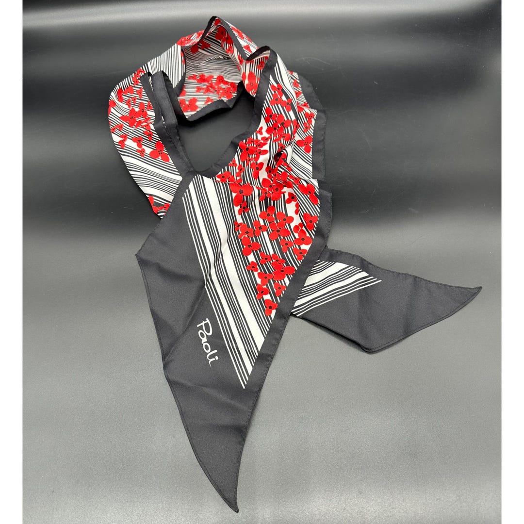 Vintage Scarf 1970s Floral Paoli Acetate Japan Long Red Black White ...