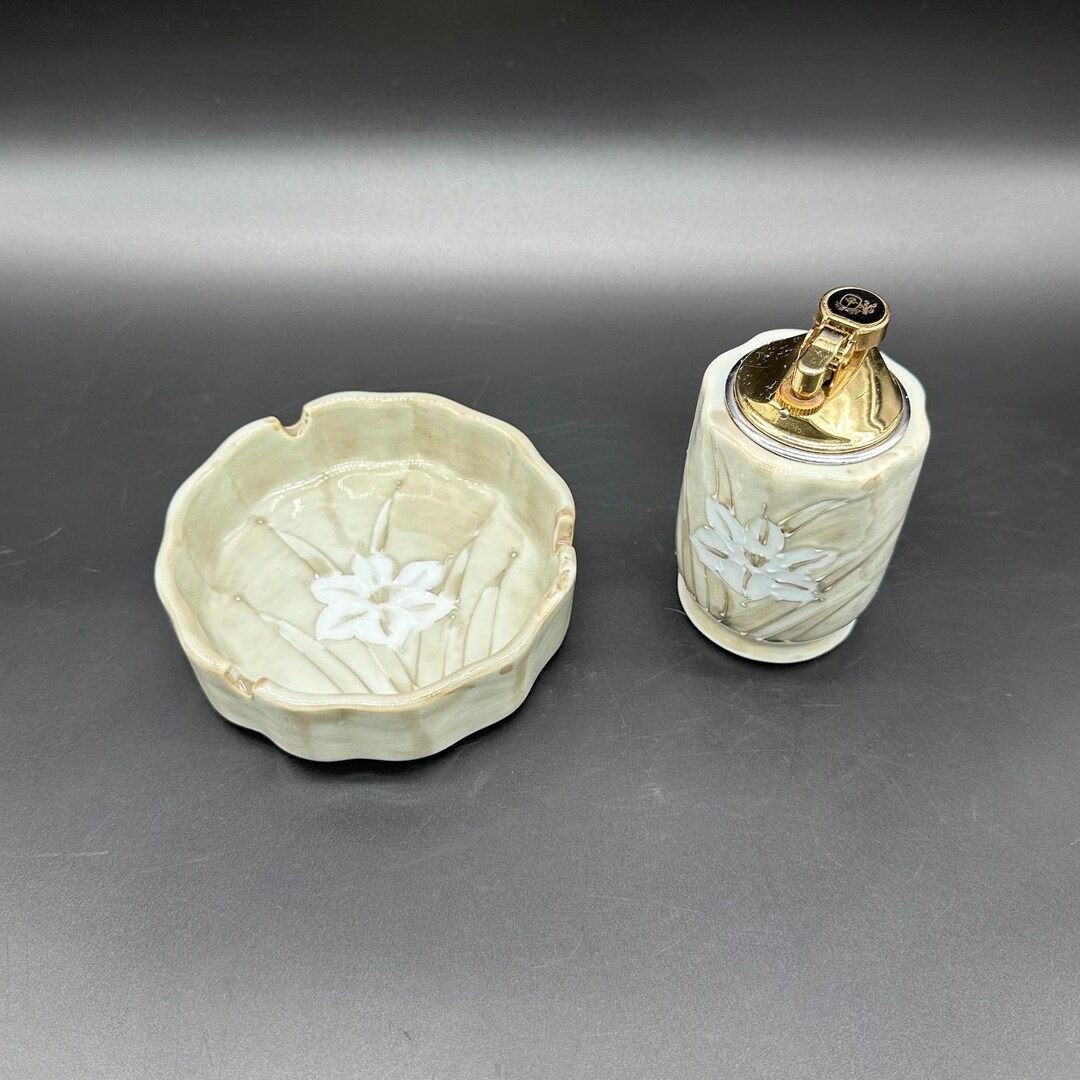 Vintage Ashtray Table Lighter Set 1970s Colibri Japan Ceramic Raised ...